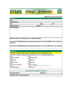 Fillable Online stars nsu MENTOR APPLICATION - STARS - stars nsu Fax ...