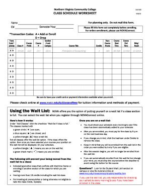 Fillable Online nvcc Class Schedule Worksheet - Northern Virginia ...