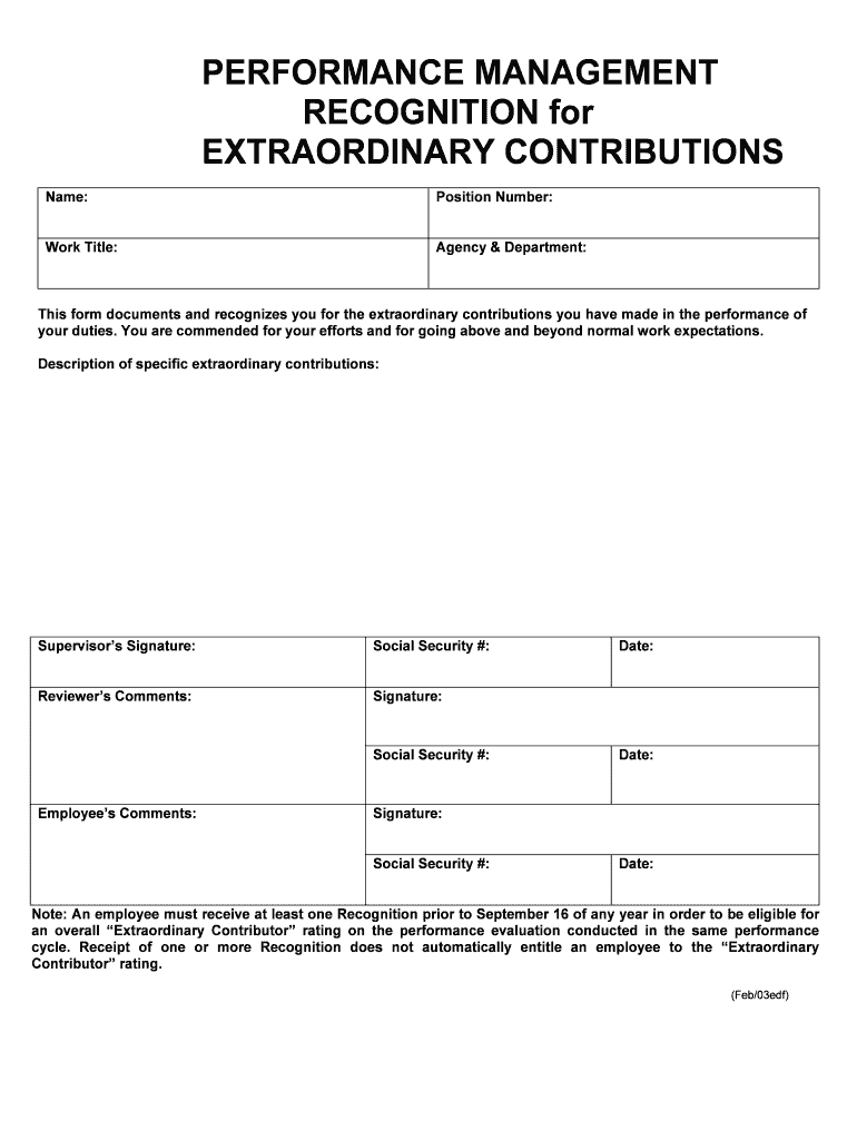 Fillable Online PERFORMANCE MANAGEMENT RECOGNITION for EXTRAORDINARY ...