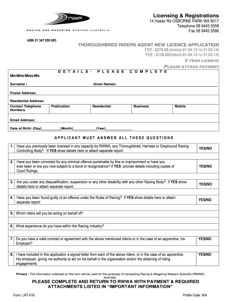Fillable Online Thoroughbred Riders Agent New Licence Application Fax ...