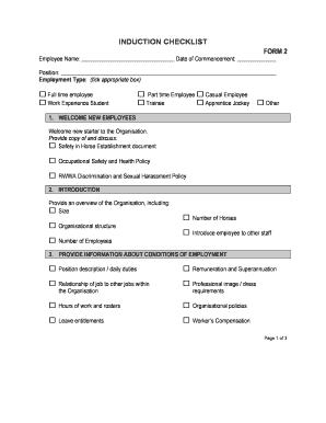 Fillable Online rwwa com Proforma Induction ChecklistWorksafe ...