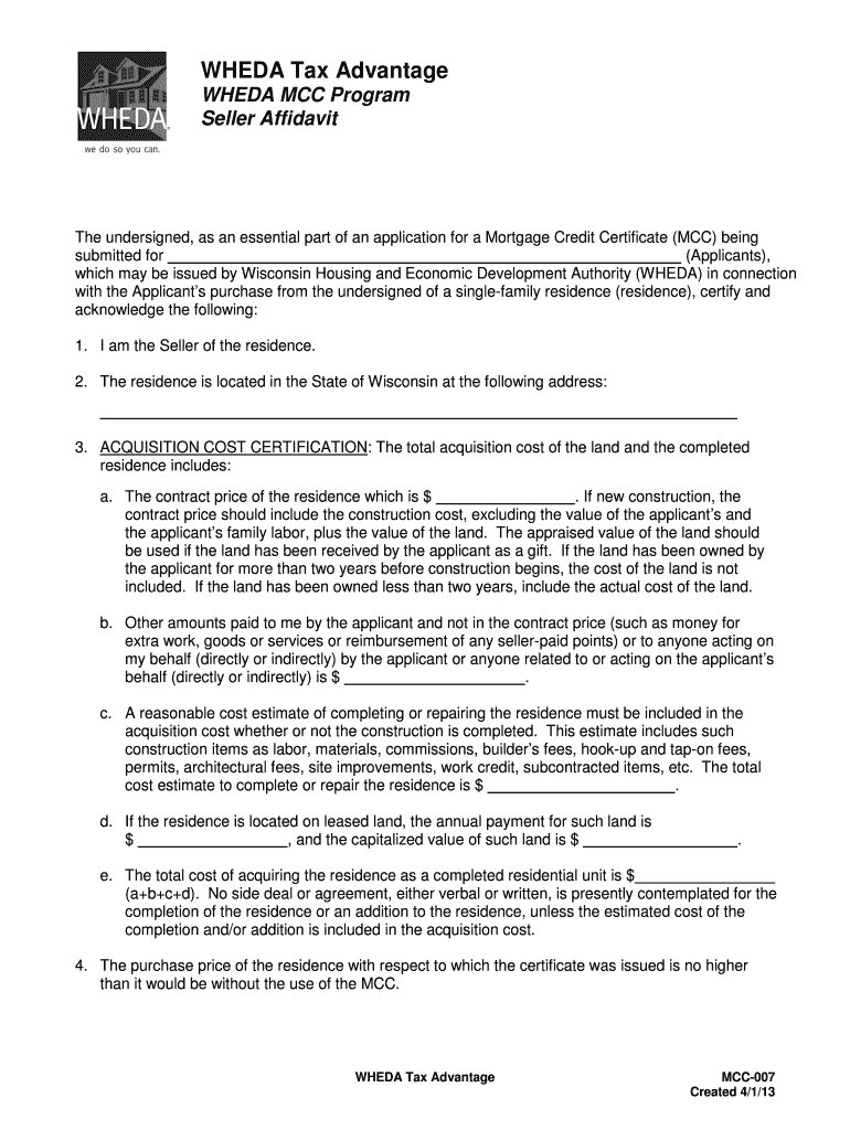 Fillable Online WHEDA MCC Program Seller Affidavit Fax Email Print ...
