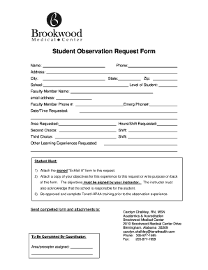 Fillable Online Student Observation Request Form - Brookwood Medical ...