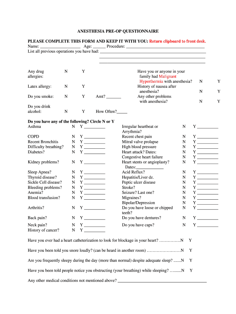 Fillable Online Anesthesia Pre-Op Questionnaire Fax Email Print - pdfFiller