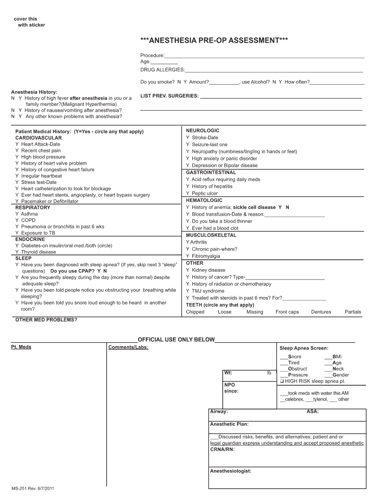 Fillable Online ANESTHESIA PRE-OP ASSESSMENT Fax Email Print - pdfFiller