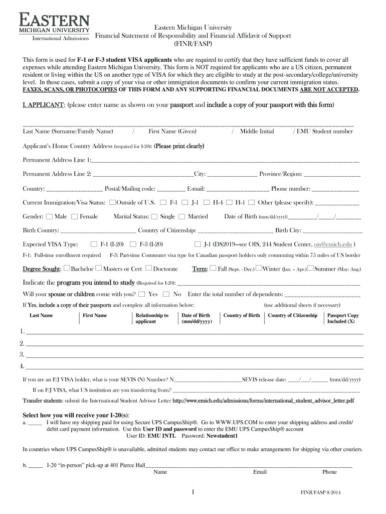 Financial Form for International Applicants - Eastern Michigan - emich: Fill out & sign online ...