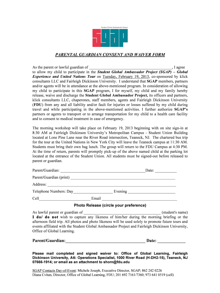 Fillable Online Parental Guardian Consent and Waiver Form Fax Email ...