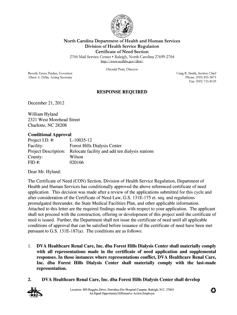 Fillable Online Conditional Approval Letter for Certificate of Need Fax ...