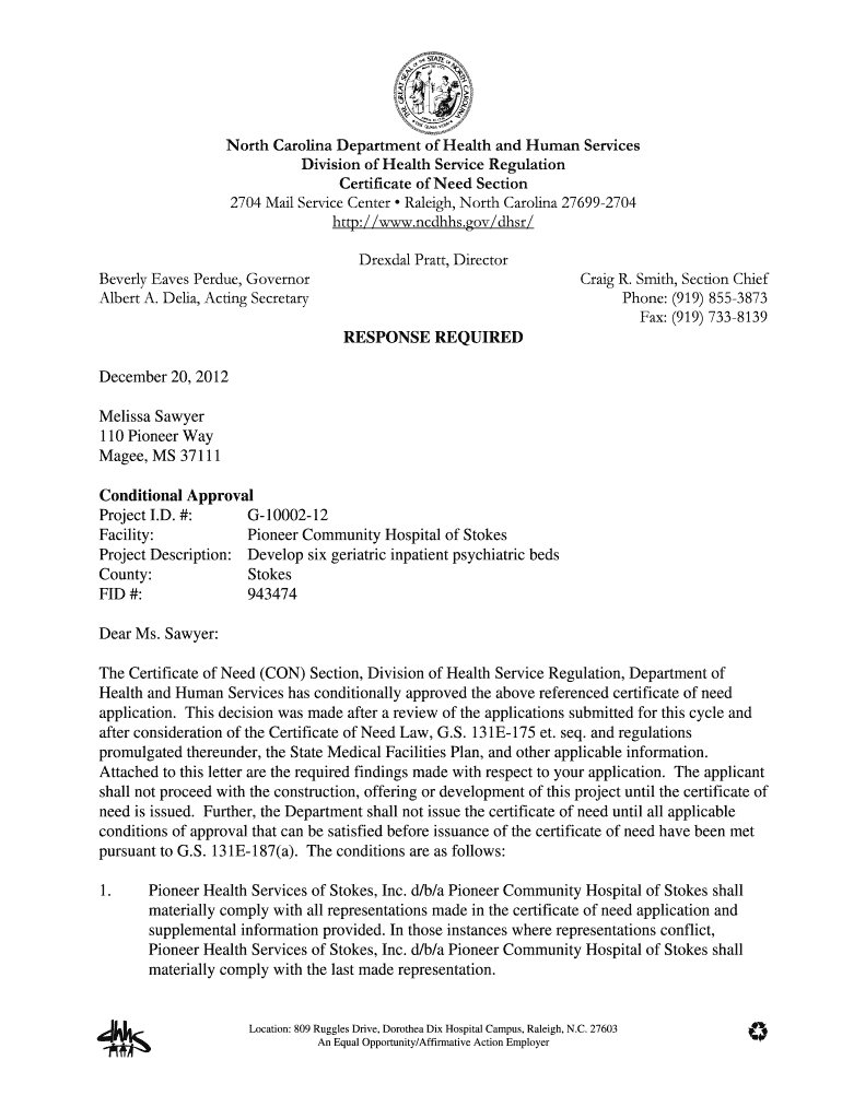 Fillable Online Conditional Approval for Certificate of Need Fax Email ...