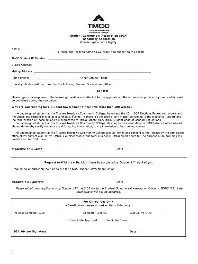 Fillable Online tmcc Student Government Association Special Election Application Fax Email Print ...
