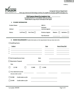 Fillable Online cs gmu PhD Progress Report for Academic Year Fax Email ...