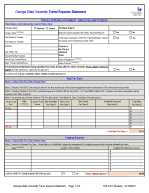 Fillable Online Georgia State University Travel Expense Statement Fax ...