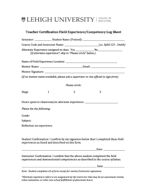 Fillable Online Teacher Certification Field Experience Log Sheet Fax ...