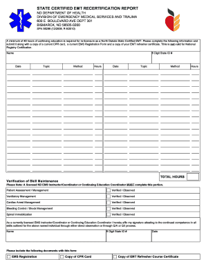 Fillable Online ndhealth State certified emt recertification report ...