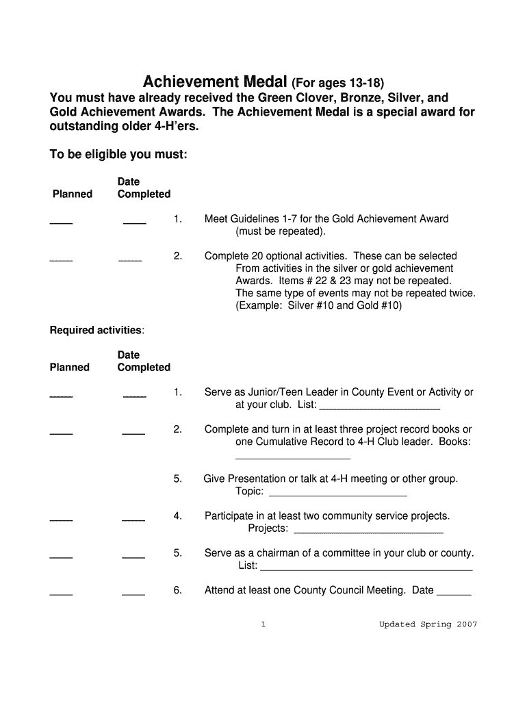 Fillable Online Achievement Medal (For ages 13-18) Fax Email Print ...