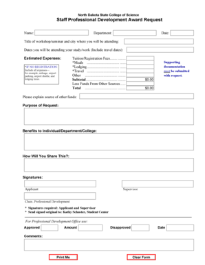 Fillable Online ndscs nodak Professional Development Award Request Staff - North Dakota State ...