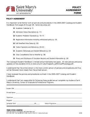 Fillable Online POLICY AGREEMENT FORM - Saint Mary's University of ...