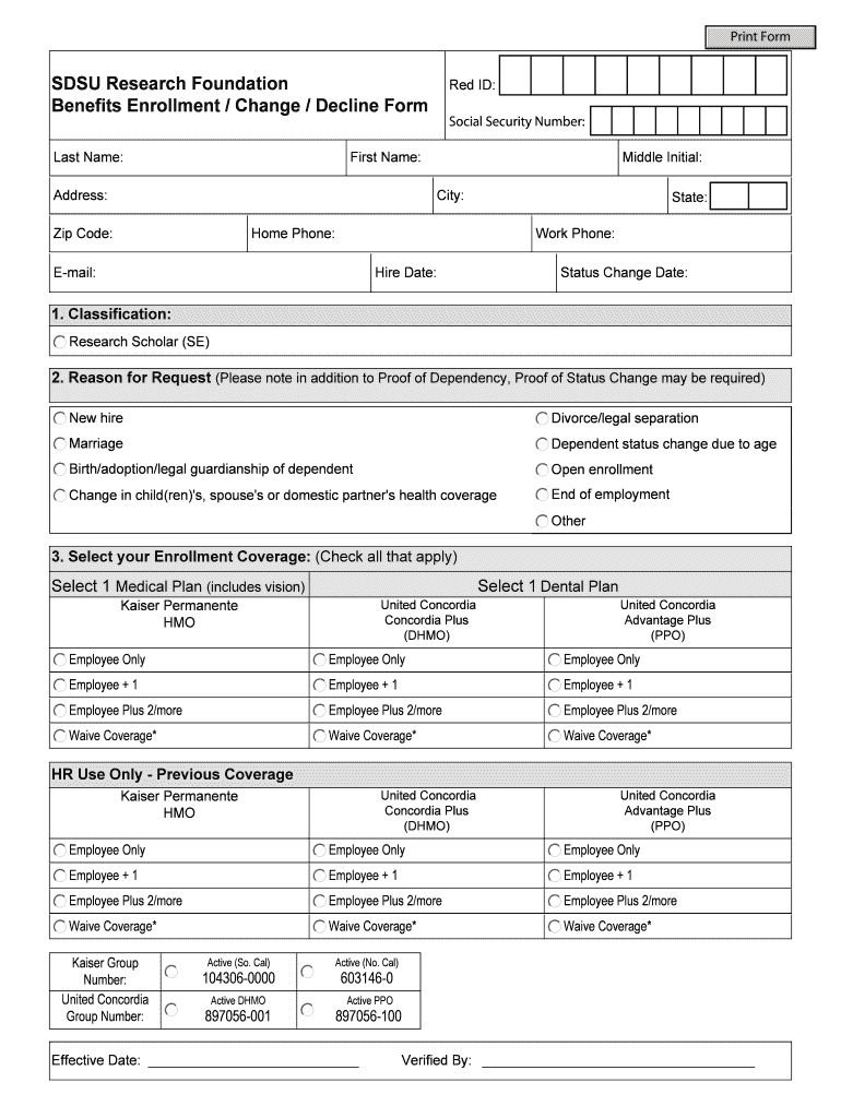 Fillable Online SDSU Research Foundation Benefits Enrollment / Change ...