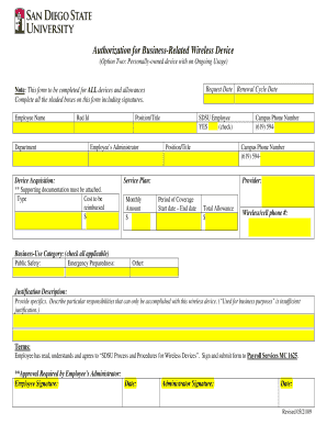 Fillable Online hr sdsu Authorization for Business-Related Wireless ...