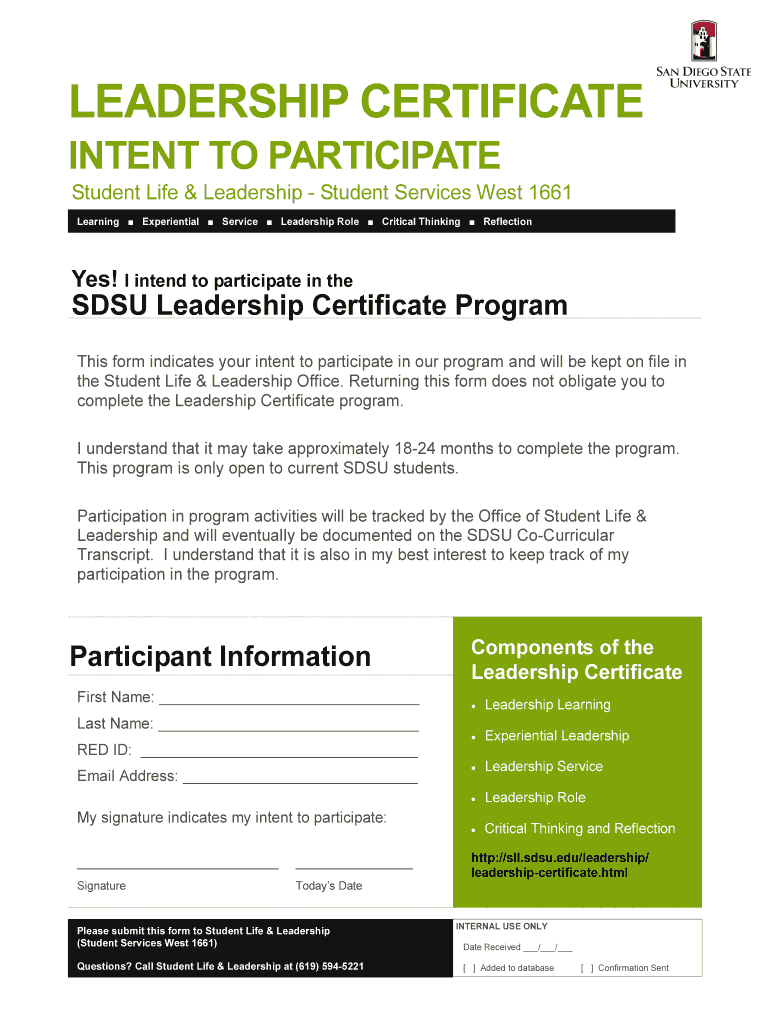 Fillable Online Intent to Participate in SDSU Leadership Certificate ...