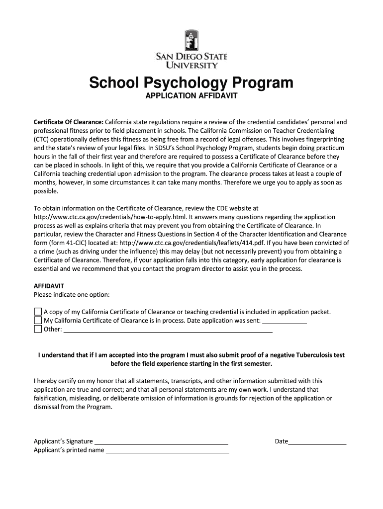 Fillable Online Application Affidavit for School Psychology Program Fax ...