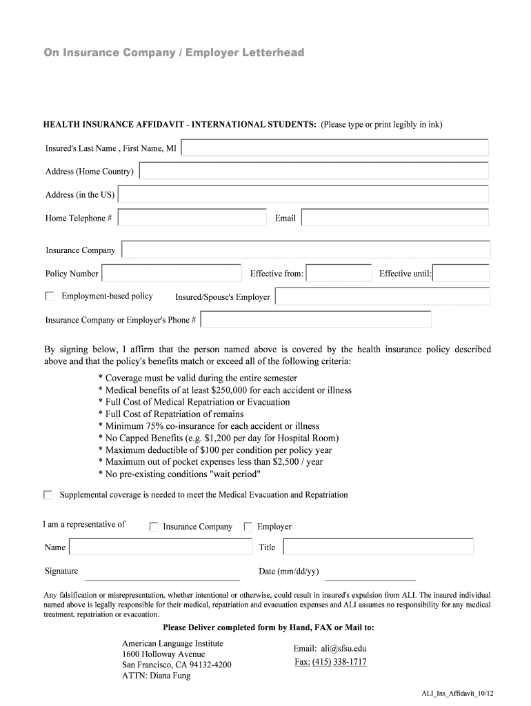 Fillable Online Health Insurance Affidavit - International Students Fax ...
