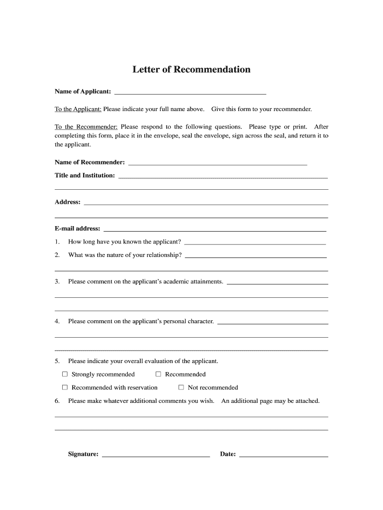 Fillable Online Letter of Recommendation Fax Email Print - pdfFiller