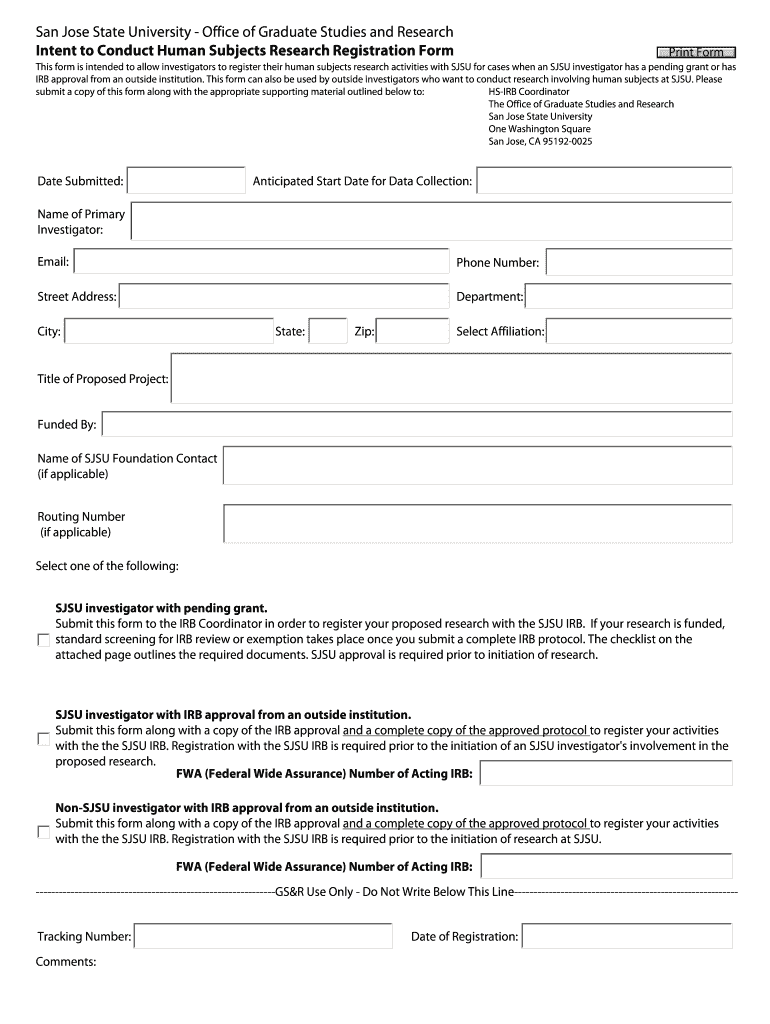 Fillable Online Intent to Conduct Human Subjects Research Registration ...