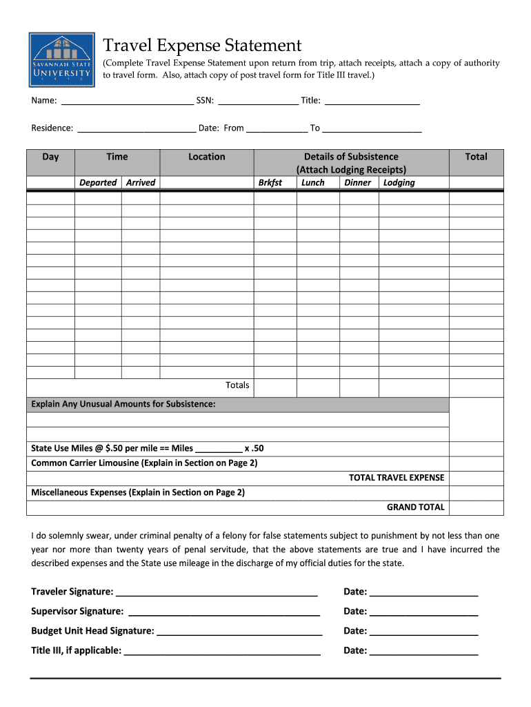 Fillable Online Travel Expense Statement Form Fax Email Print - pdfFiller
