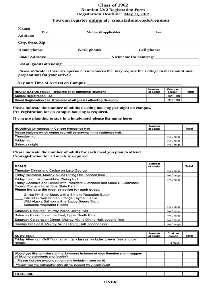 Fillable Online Class of 1962 Reunion 2012 Registration Form Fax Email ...
