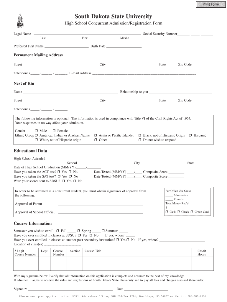 Fillable Online High School Concurrent Admission/Registration Form Fax Email Print - pdfFiller