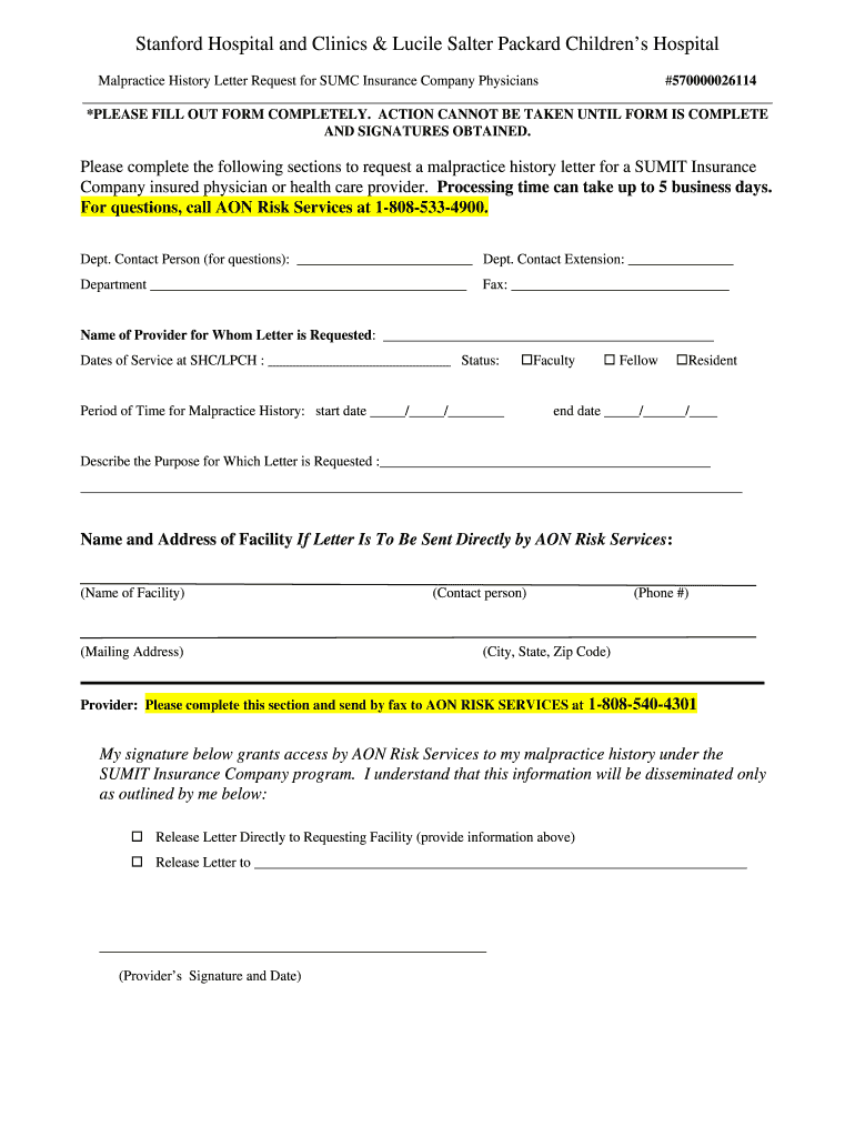 Fillable Online Malpractice History Letter Request for SUMC Insurance ...