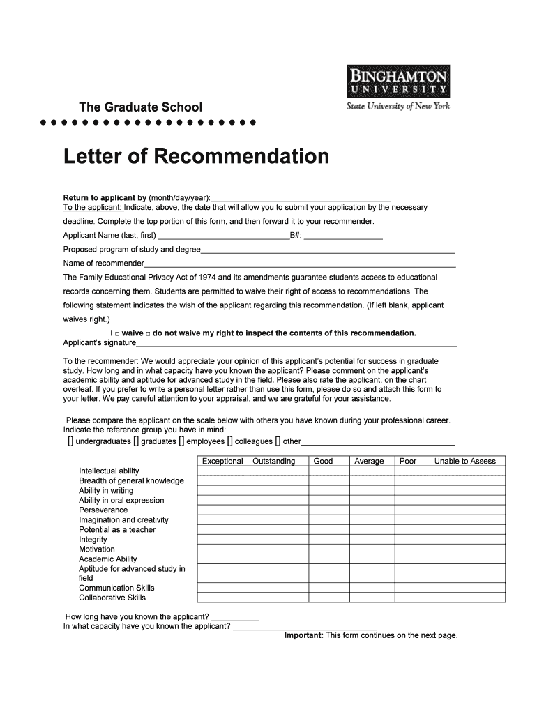 Fillable Online Letter of Recommendation for Graduate School Fax Email ...