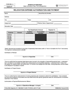 Fillable Online research binghamton Instructions to relocation expense ...