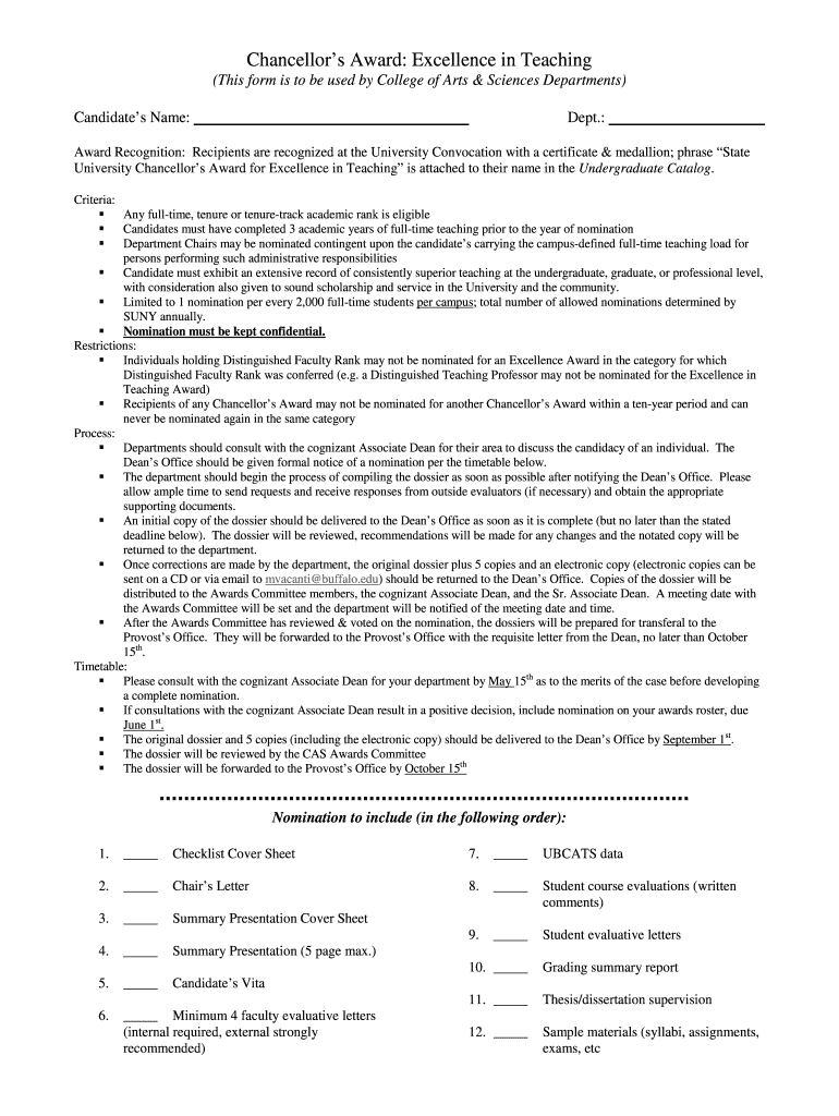 Fillable Online Chancellor’s Award for Excellence in Teaching ...