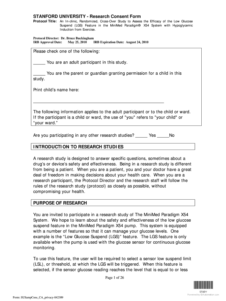 Fillable Online STANFORD UNIVERSITY - Research Consent Form Fax Email ...