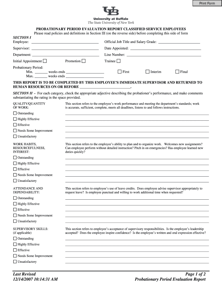 Fillable Online Probationary Period Evaluation Report CLASSIFIED SERVICE EMPLOYEES Fax Email ...
