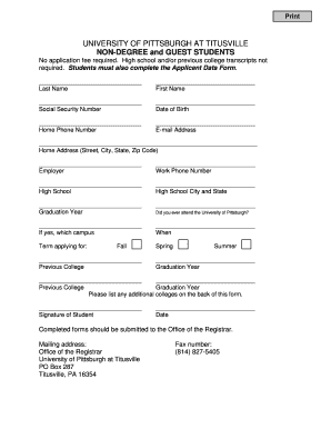 Fillable Online upt pitt Non-Degree Application - University of ...