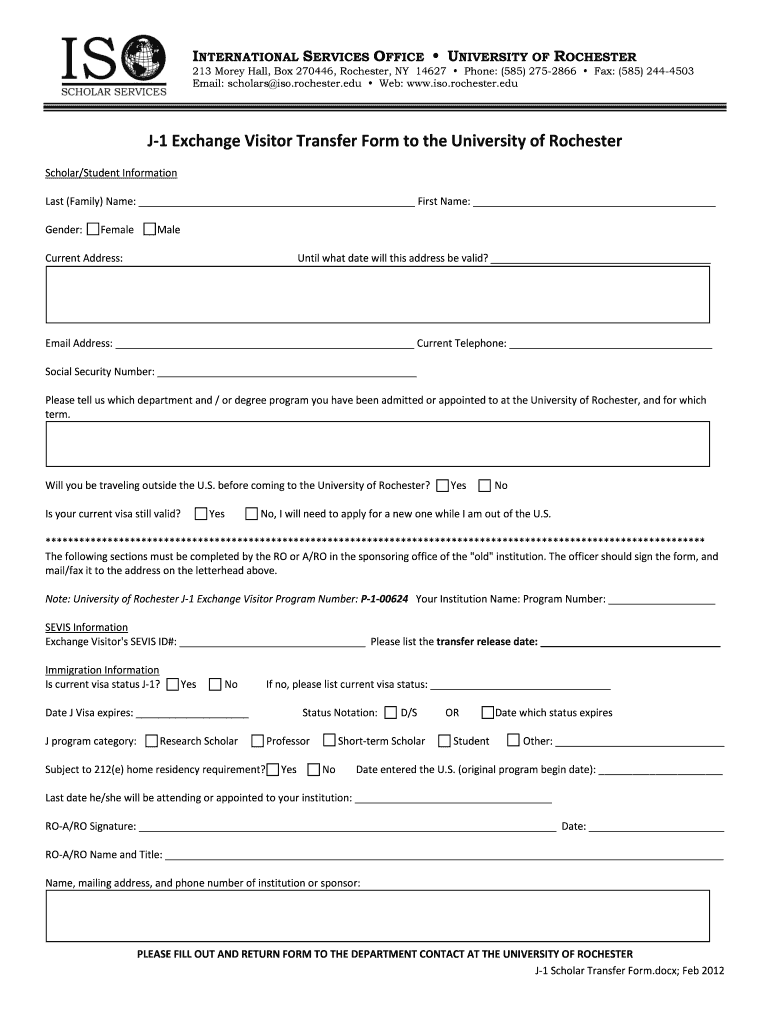 J-1 Exchange Visitor Transfer Form to the University of Rochester: Fill ...