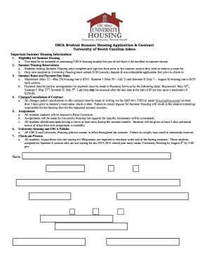 Fillable Online web usca USCA Student Summer Housing Application & Contract University of ...