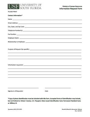 Fillable Online usfweb2 usf Benefit Information Request Form Fax Email ...