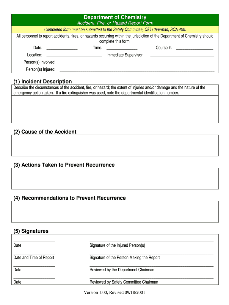 Fillable Online Department of Chemistry Accident, Fire, or Hazard Report Fax Email Print - pdfFiller
