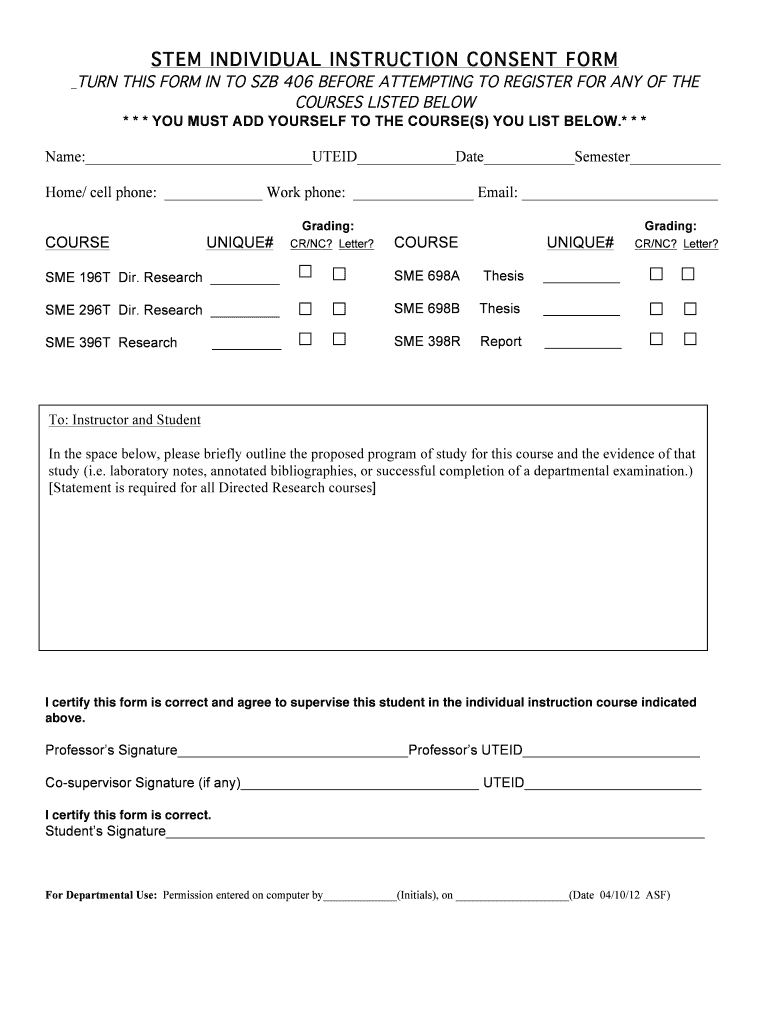 Fillable Online STEM Individual Instruction Consent Form Fax Email ...