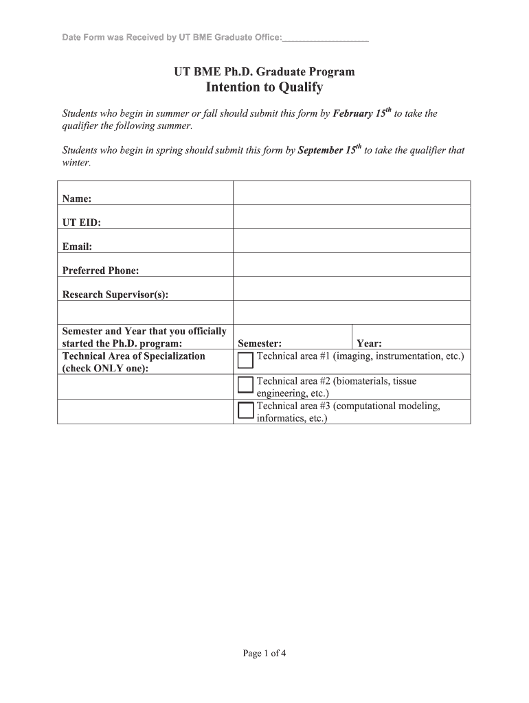 Fillable Online UT BME Ph.D. Graduate Program Intention to Qualify Fax ...