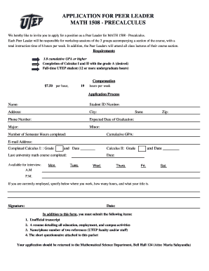 Fillable Online math utep Peer Leader application - Mathematical ...