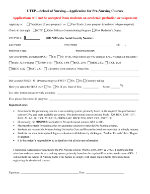 Fillable Online nursing utep UTEP School of Nursing Application for Pre ...