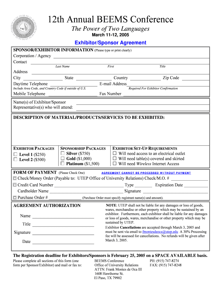 BEEMS Exhibitor-Sponsor Agreement doc Scholarship application: Fill out ...