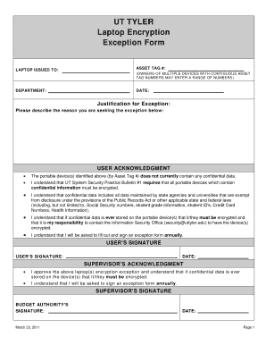 Fillable Online uttyler UT TYLER Laptop Encryption Exception Form - The University of ...