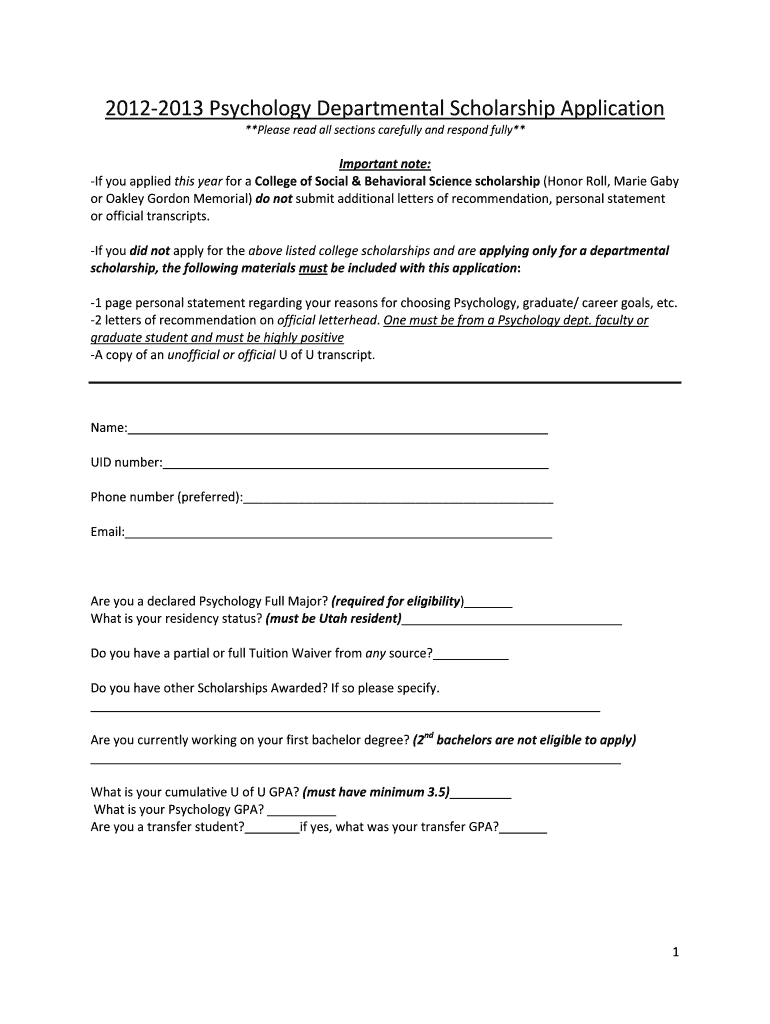 2012-2013 Psychology Departmental Scholarship Application - psych utah: Fill out & sign online ...