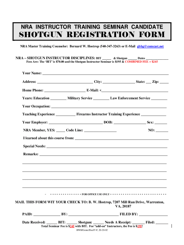 Fillable Online NRA Instructor Training Seminar Candidate Fax Email ...
